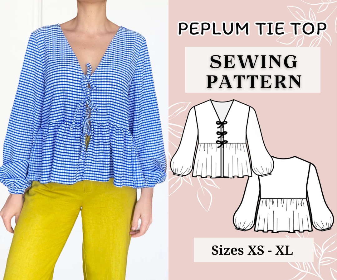 Women Top Pattern | Pdf Sewing Pattern | Puffed Sleeve Peplum Tie Top ...