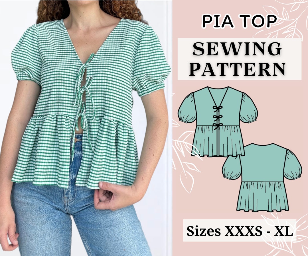 Women Top Pattern | Pdf Sewing Pattern | Puffed Sleeve Peplum Tie Top ...