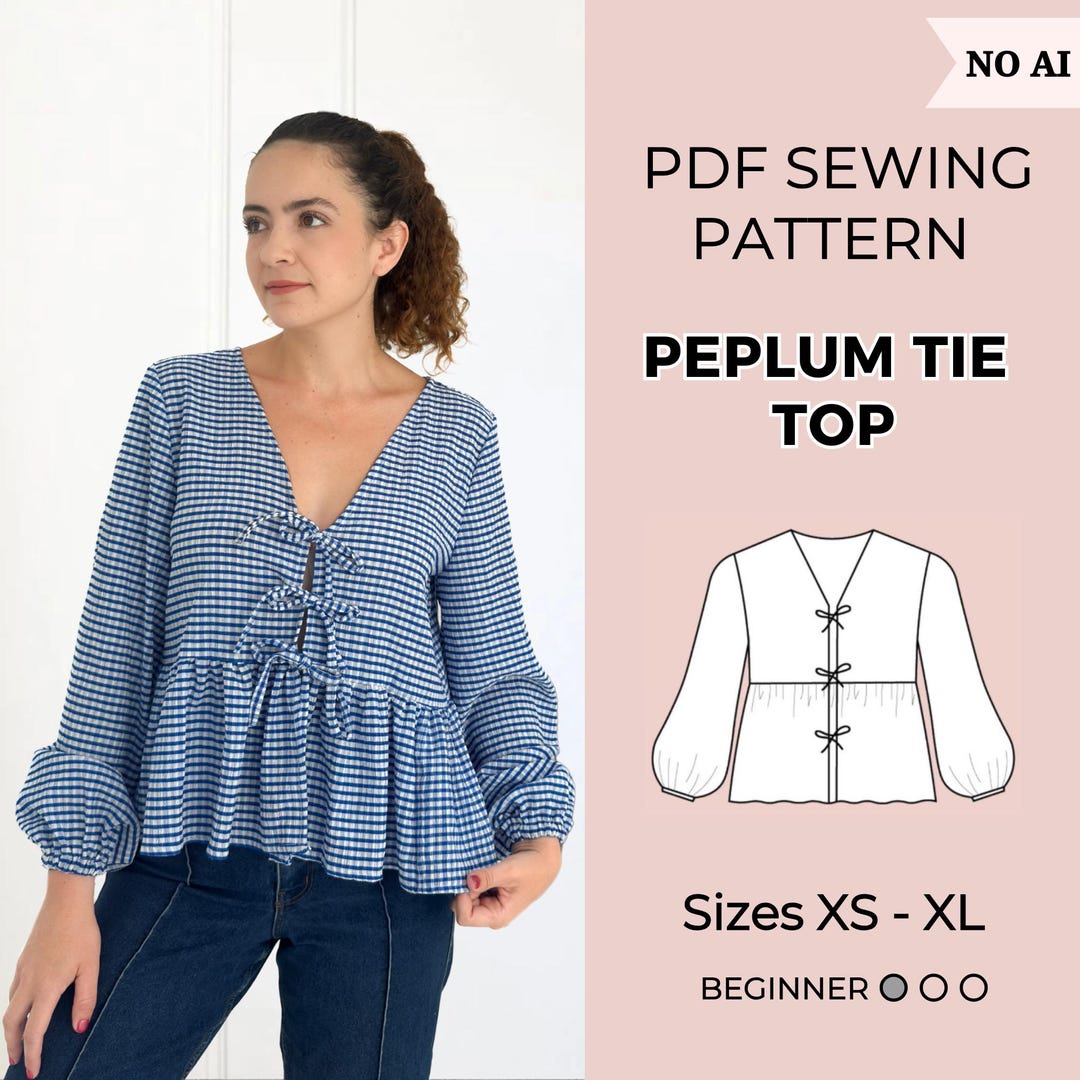 Women Top Pattern | Pdf Sewing Pattern | Puffed Sleeve Peplum Tie Top ...