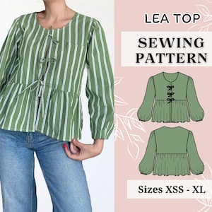 Women Top Pattern Pdf Sewing Pattern Puffed Sleeve Peplum Tie Top ...