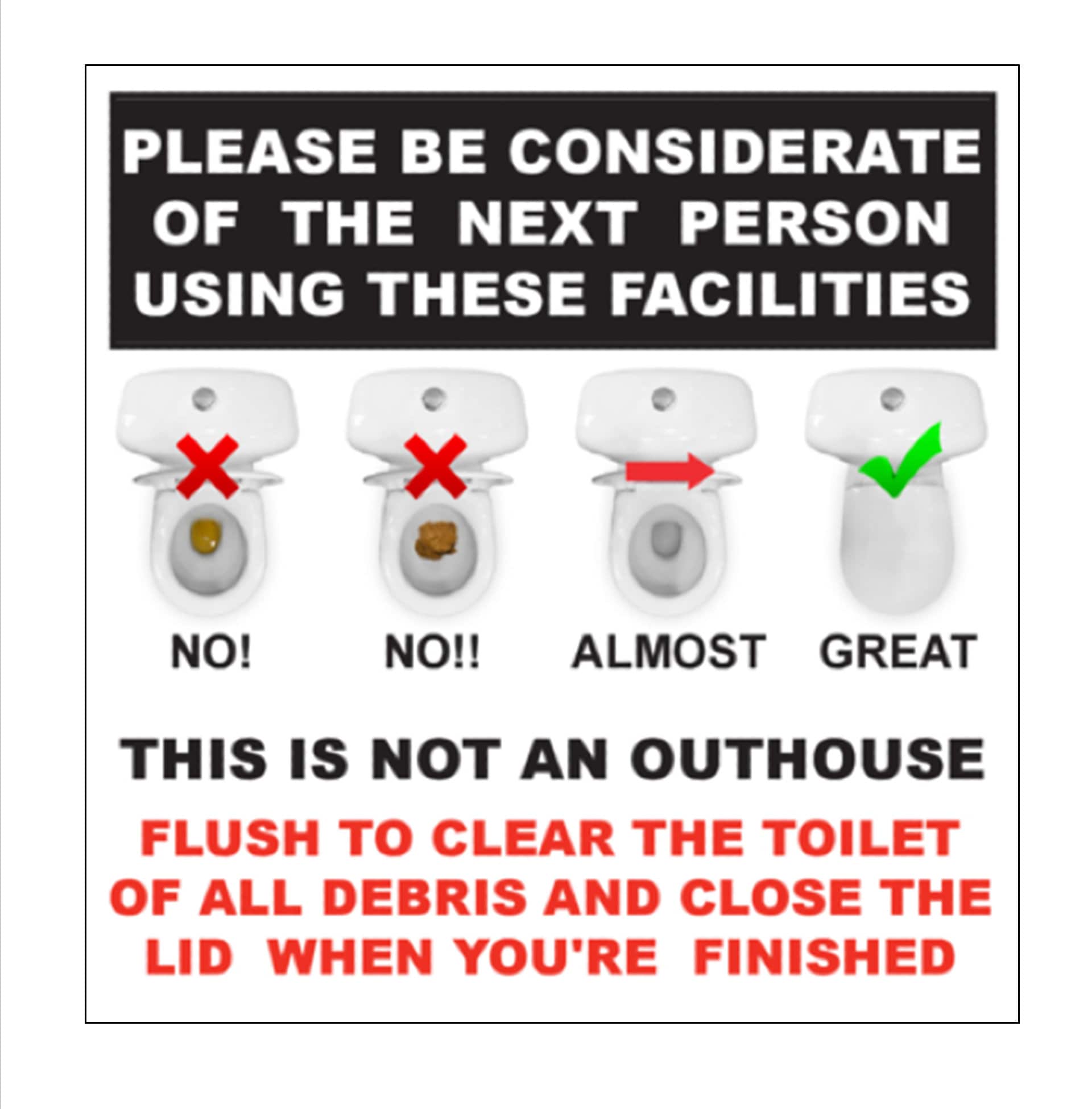 Flush Toilet Not an Outhouse restroom Courtesy Stickers / 6 Pack FREE ...