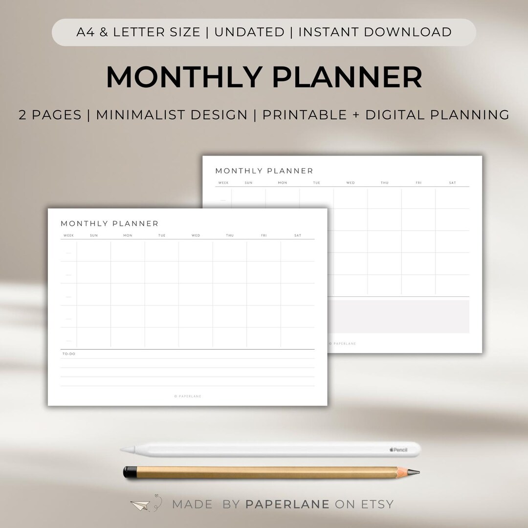 Minimalist Monthly Planner Printable | Undated A4, Letter (digital ...