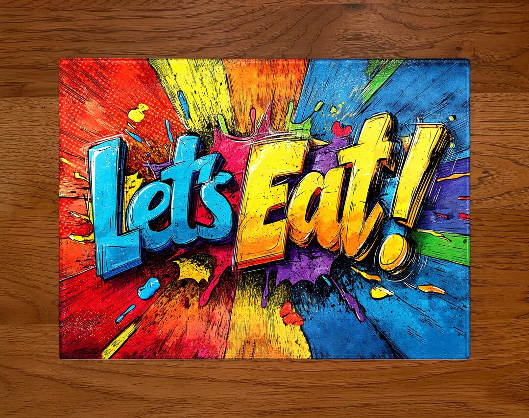 Colorful Cartoon "let's Eat" Art on a Glass Cutting Board - Etsy