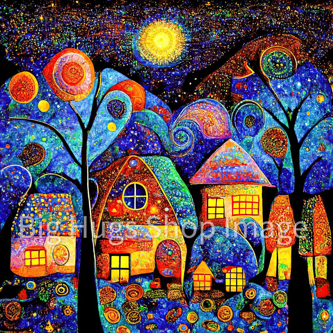 Starry Night Village Ceramic Tile Art: Whimsical Home Decor - Etsy