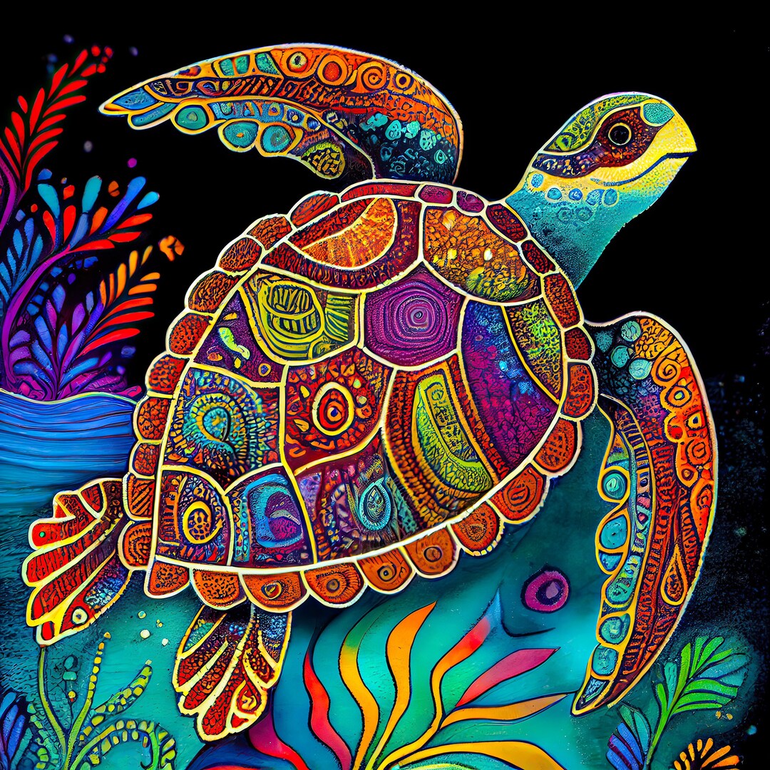 Colorful Swimming Sea Turtle Design on a 6x6 8x8 actual 7.8 - Etsy