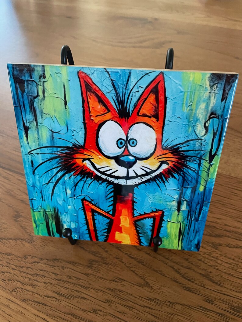 Cartoon Cat Art Tile: Colorful Abstract Design, 6 Inch Ceramic - Etsy