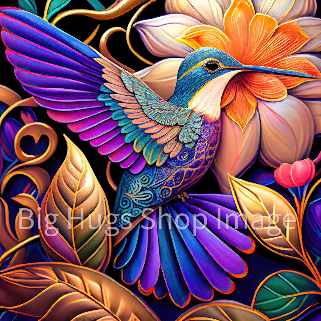 Colorful Hummingbird Design on a 6x6, 8x8 (actual 7.8) or 12x12 (actual ...