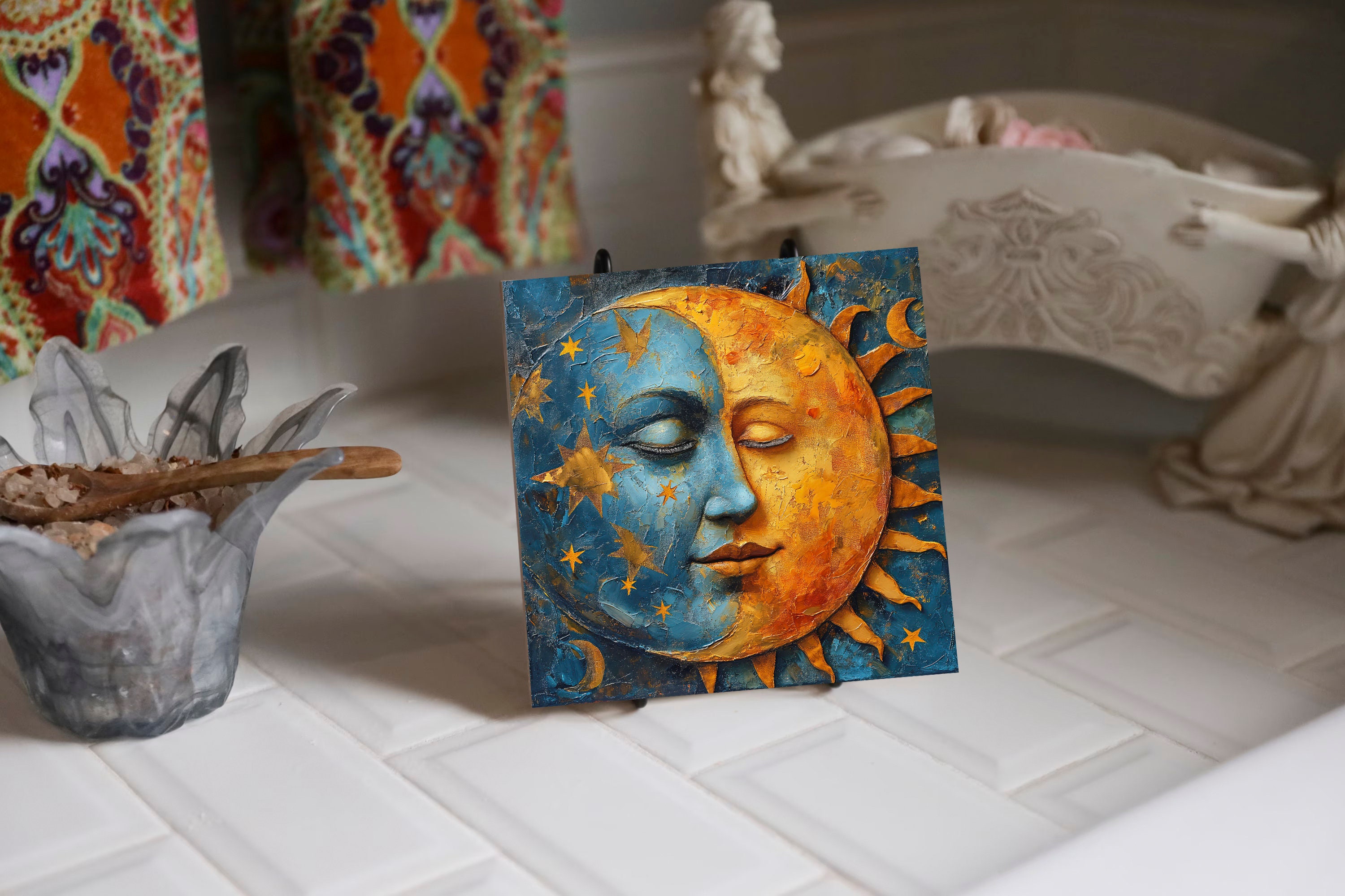 Celestial Sun & Moon Ceramic Tile Art: Whimsical Home Decor - Etsy