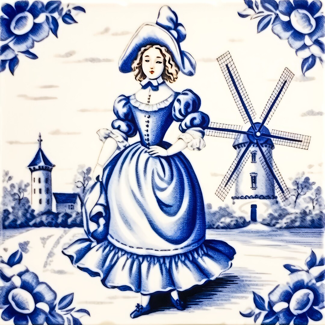 Vintage Dutch Delft Style Tile Art on a 6x6, 8x8 (actual 7.8) or 12x12 ...