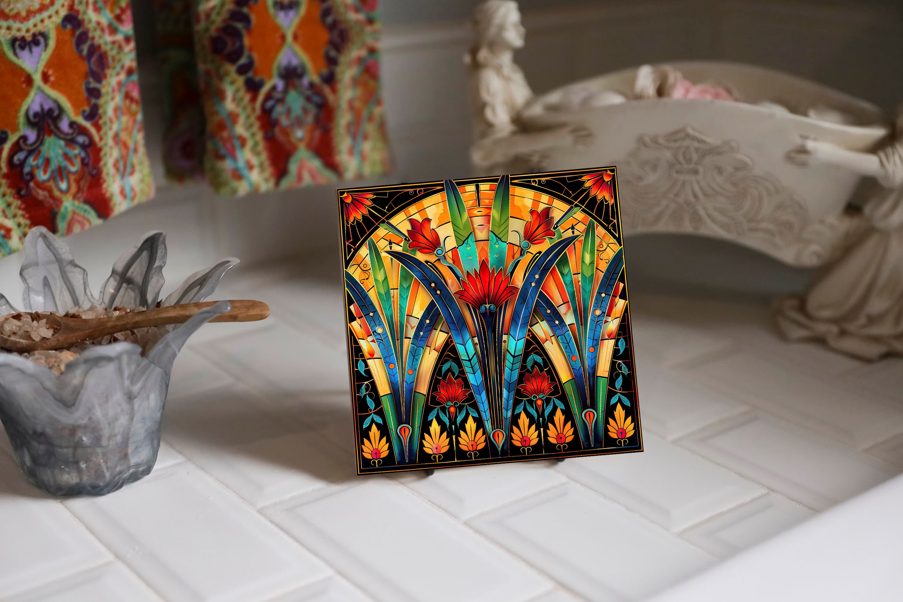 Art Deco Ceramic Tile: Vivid Hues Floral Design - Etsy