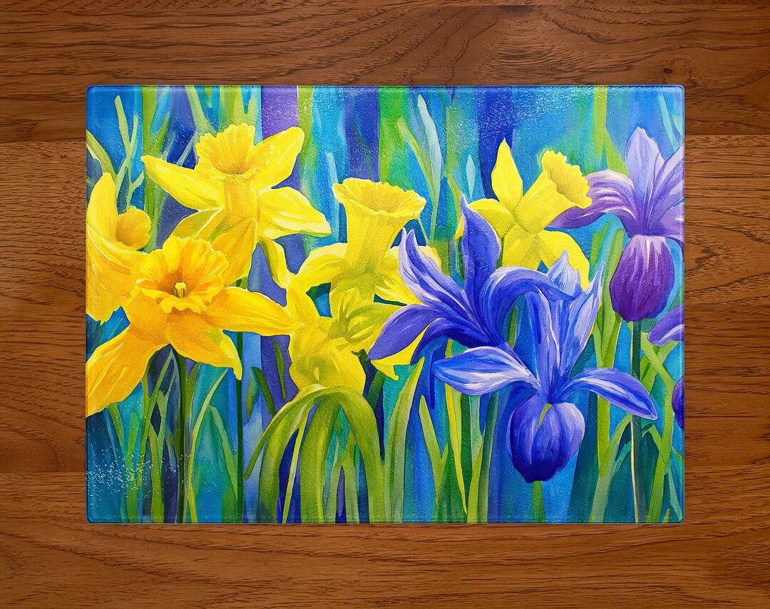 Watercolor Daffodil and Iris Art on a Glass Cutting Board - Etsy
