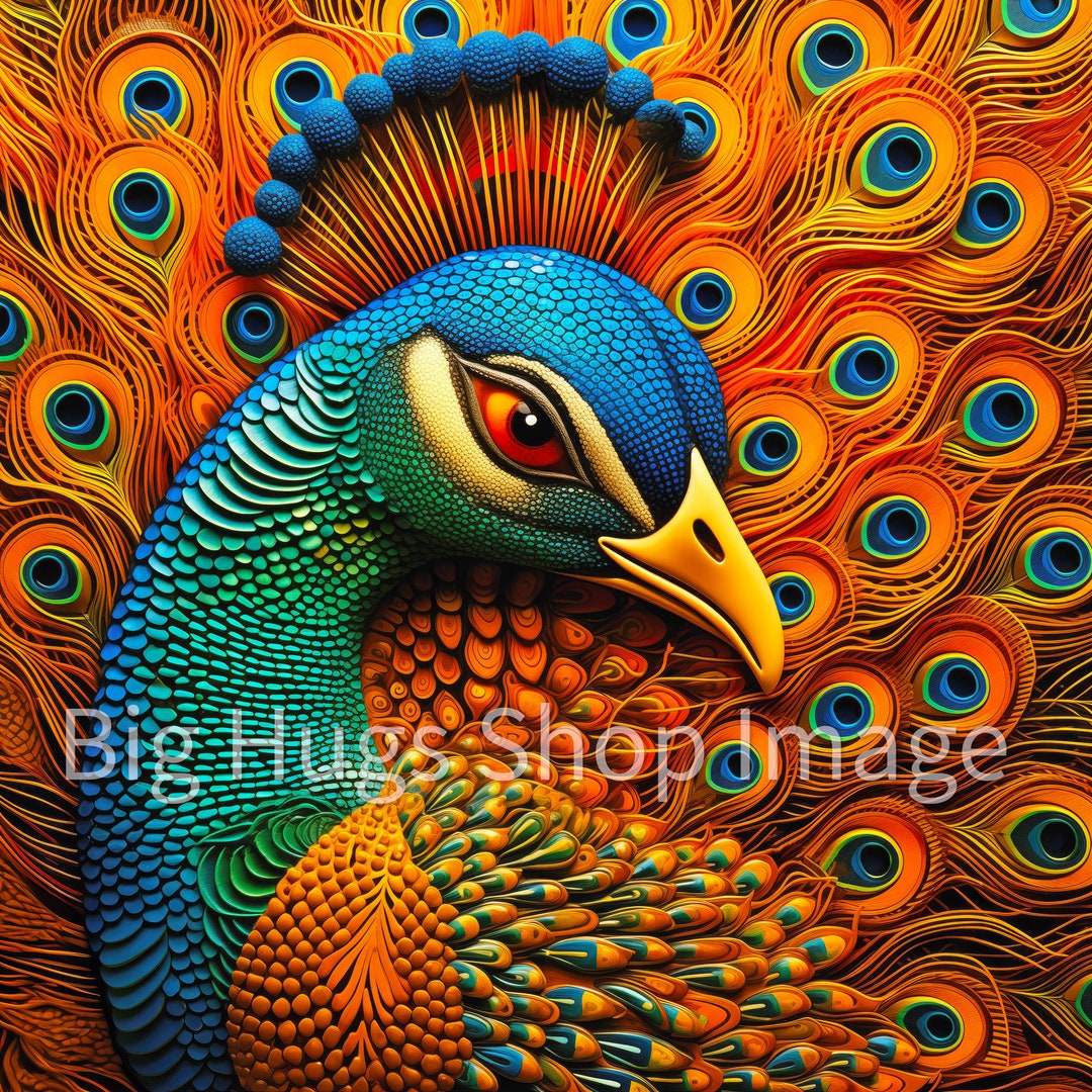 Ornate Colorful Peacock Design on a 6x6, 8x8 (actual 7.8) or 12x12 ...