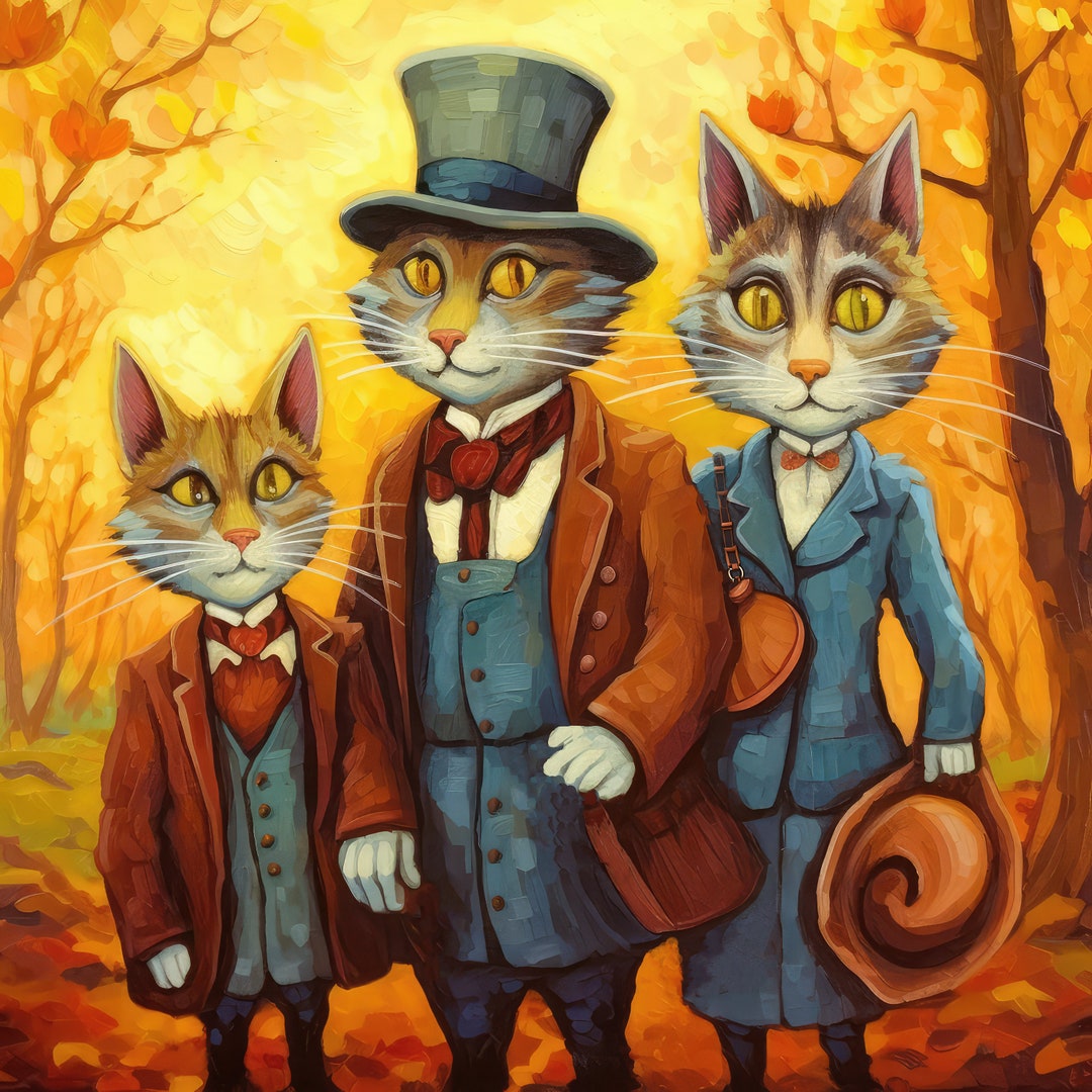 Cartoon Cat Family on an Autumn Outing, on a 6x6, 8x8 (actual 7.8) or ...