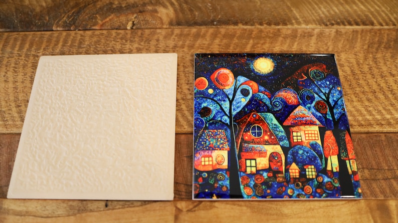 Starry Night Village Ceramic Tile Art: Whimsical Home Decor - Etsy