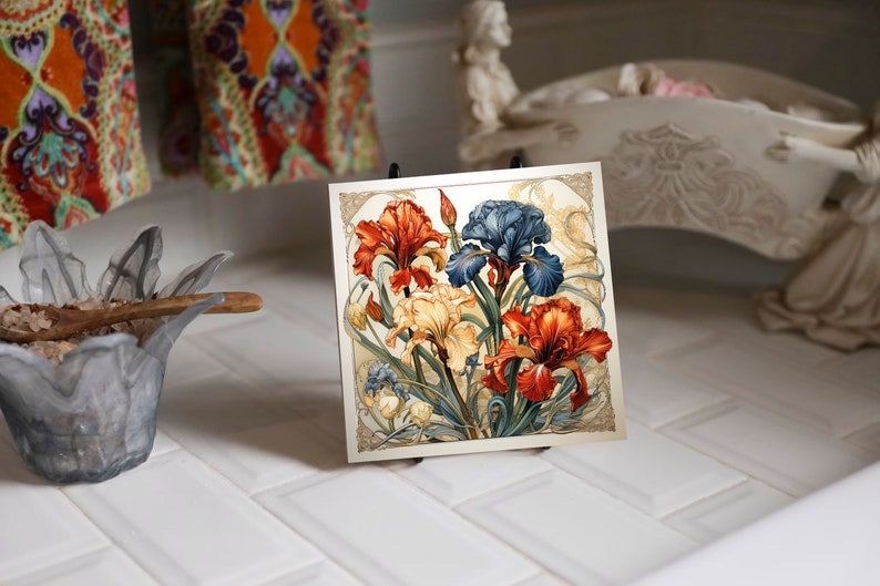 Art Nouveau Floral Ceramic Tile: Iris Backsplash Decor - Etsy