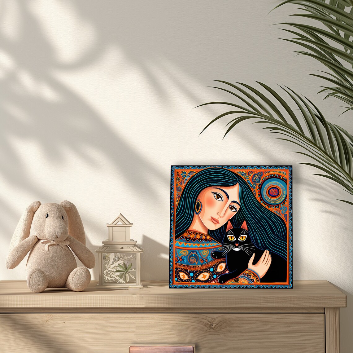 Nursery Art Tile: Woman With Black Cat Illustration, Whimsical Decor - Etsy