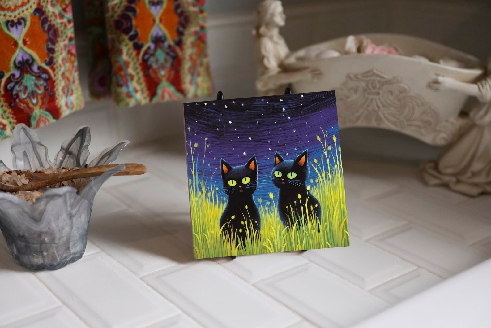 Black Cats Starry Night Art: Handcrafted Ceramic Tile - Etsy