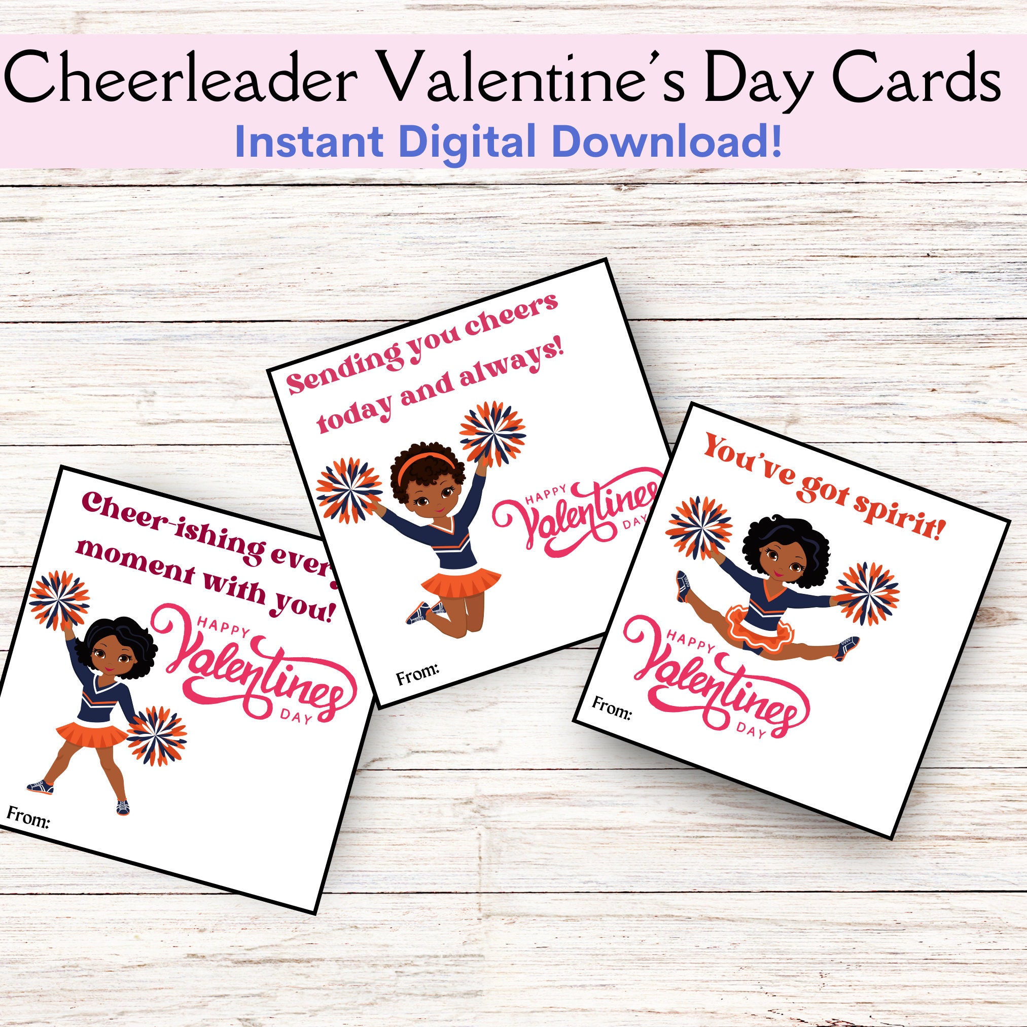 Printable Cheerleader Valentine's Day Card, African American Cheer Valentine Card, INSTANT ...