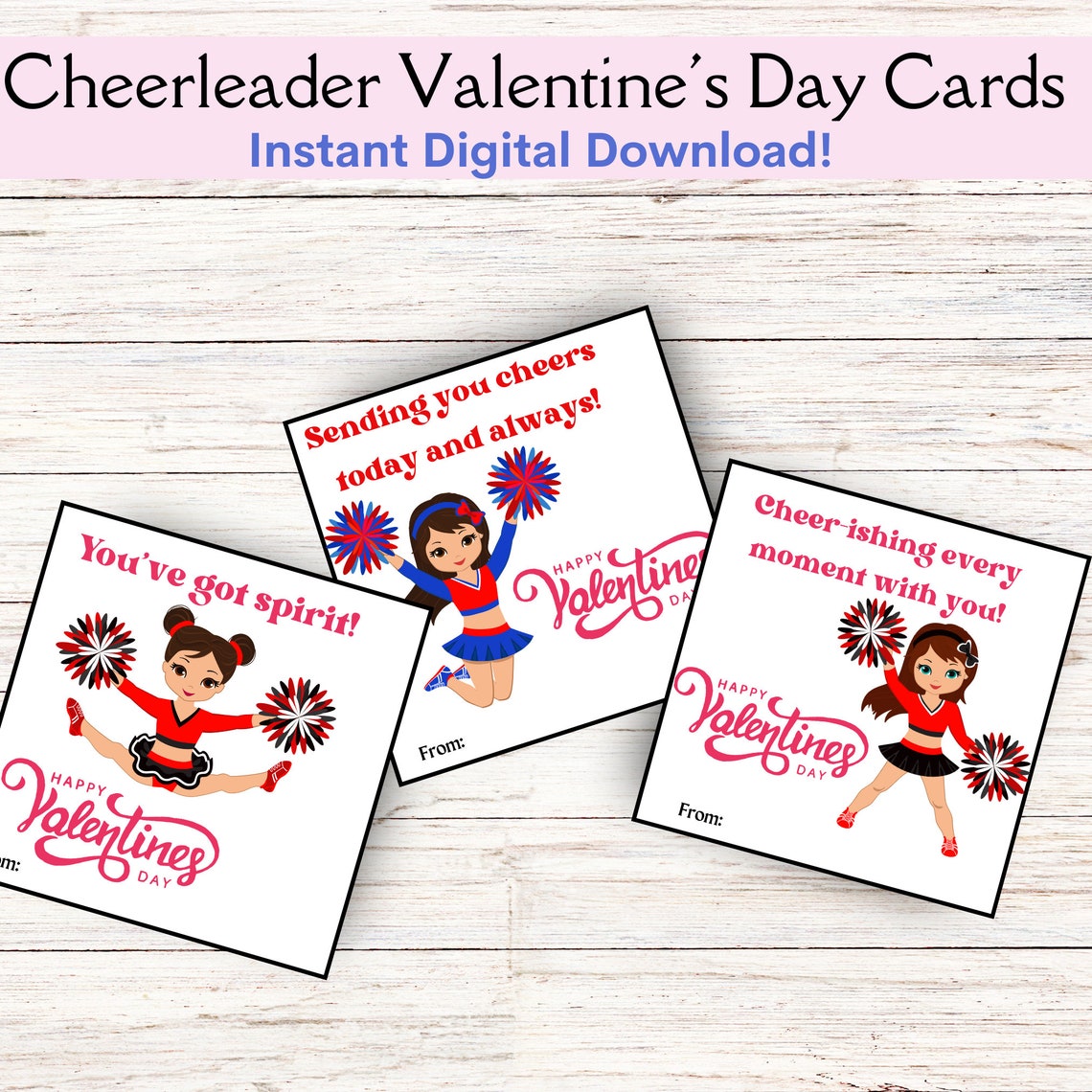 Printable Cheer Valentine's Day Card, Pink Background Cheerleader ...