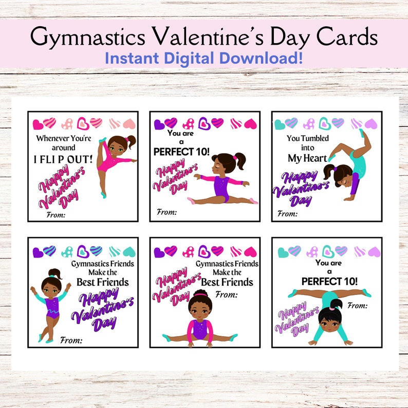 Printable Gymnastics Valentine's Day Cards, Black Gymnast Girl ...