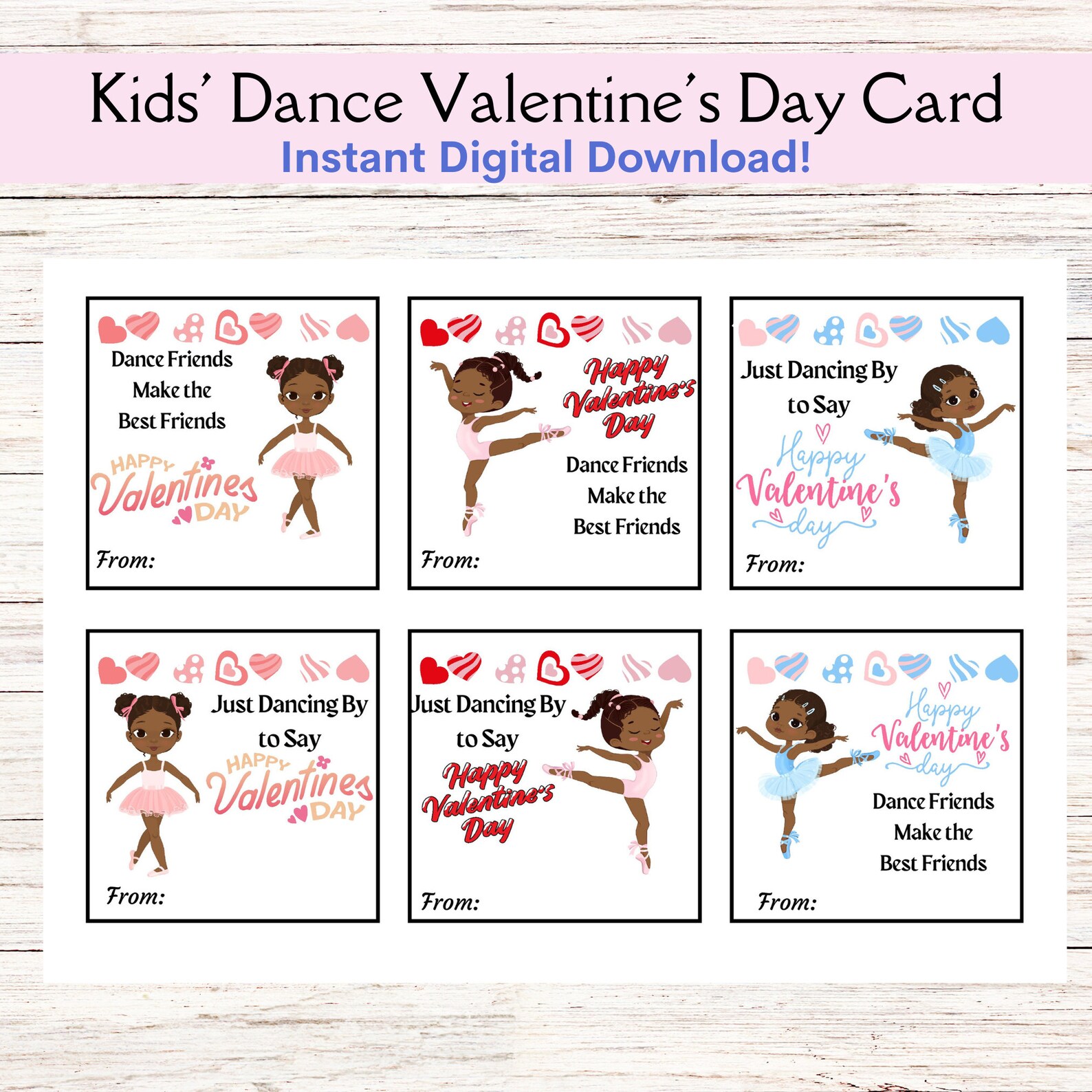 Ballerina Valentine's Day Card Printable, Black Dancing Girl Valentine ...