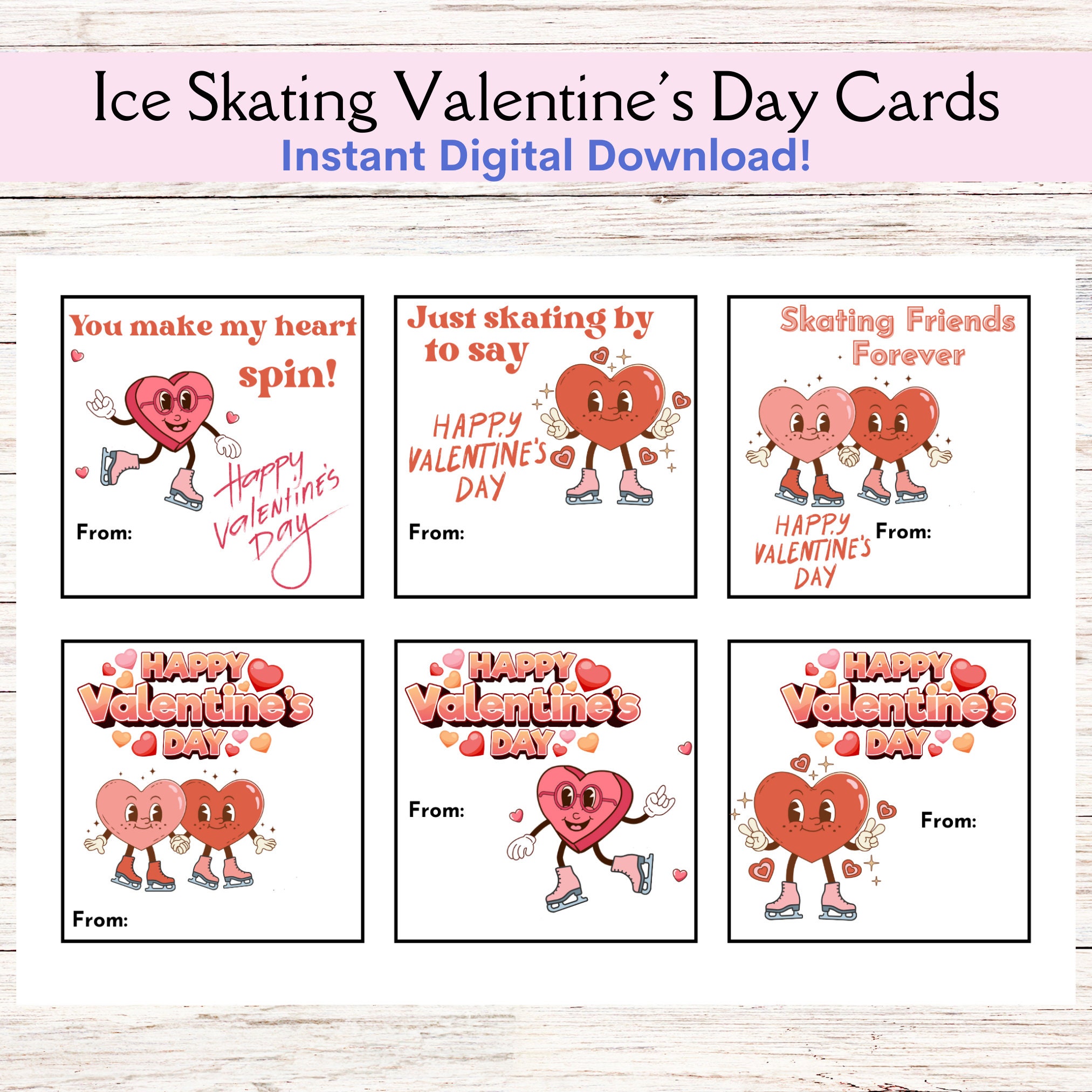Printable Ice Skating Heart Valentine's Day Card, Retro Heart Skating ...