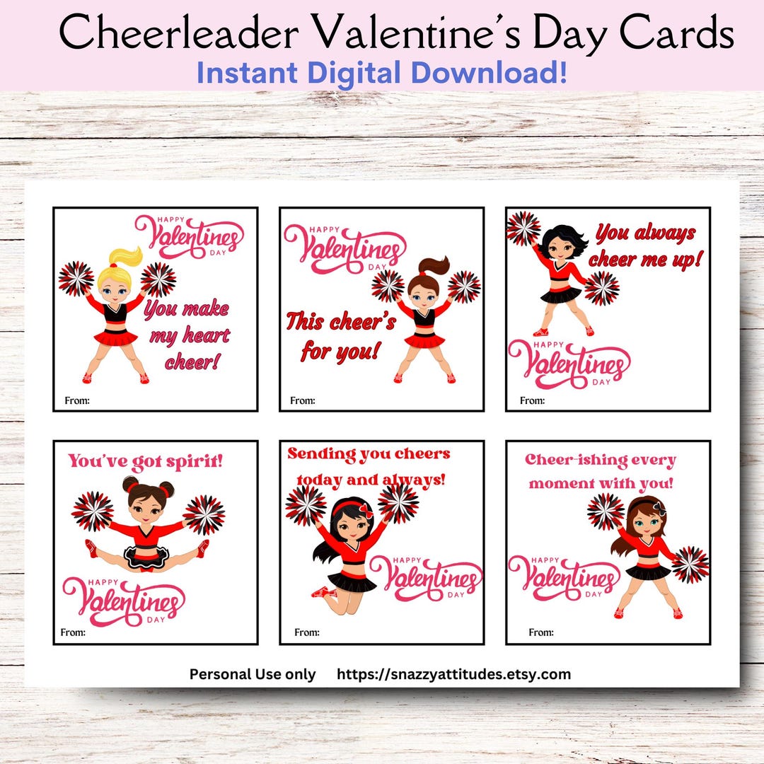Printable Cheer Valentine's Day Card, Pink Background Cheerleader Valentine Friendship Card ...