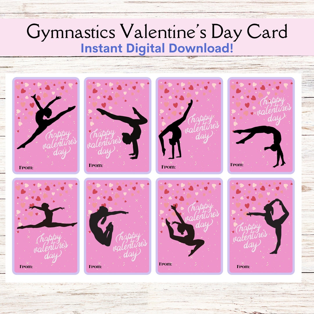 Printable Gymnastics Valentine's Day Card, Pink Background Gymnast ...