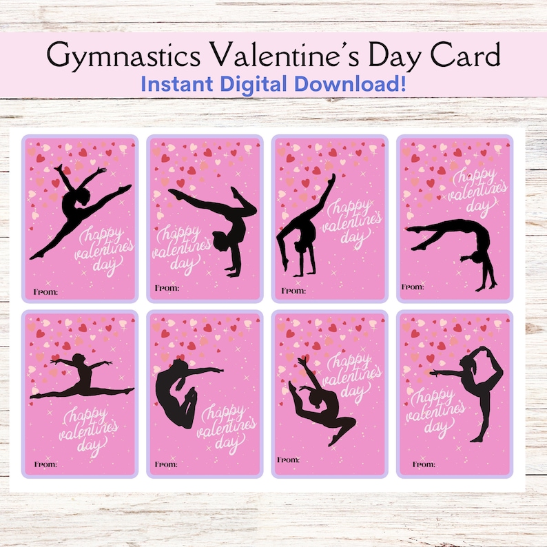 Printable Gymnastics Valentine's Day Card, Pink Background Gymnast ...