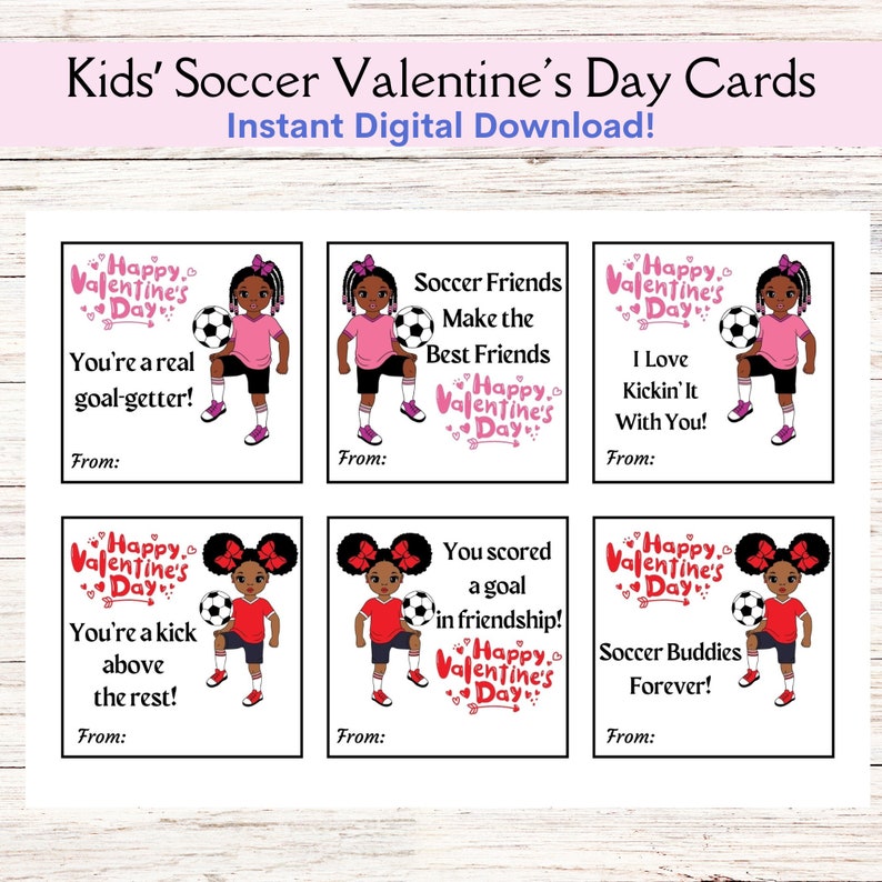 Printable Kid Soccer Valentine Cards, Black Girl Soccer Valentine ...