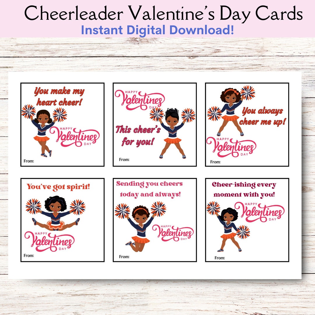 Printable Cheerleader Valentine's Day Card, African American Cheer Valentine Card, INSTANT ...