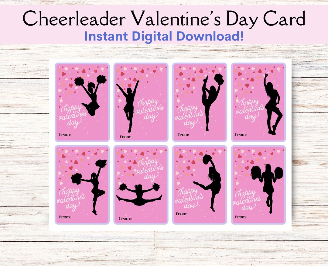 Printable Cheer Valentine's Day Card, Pink Background Cheerleader ...
