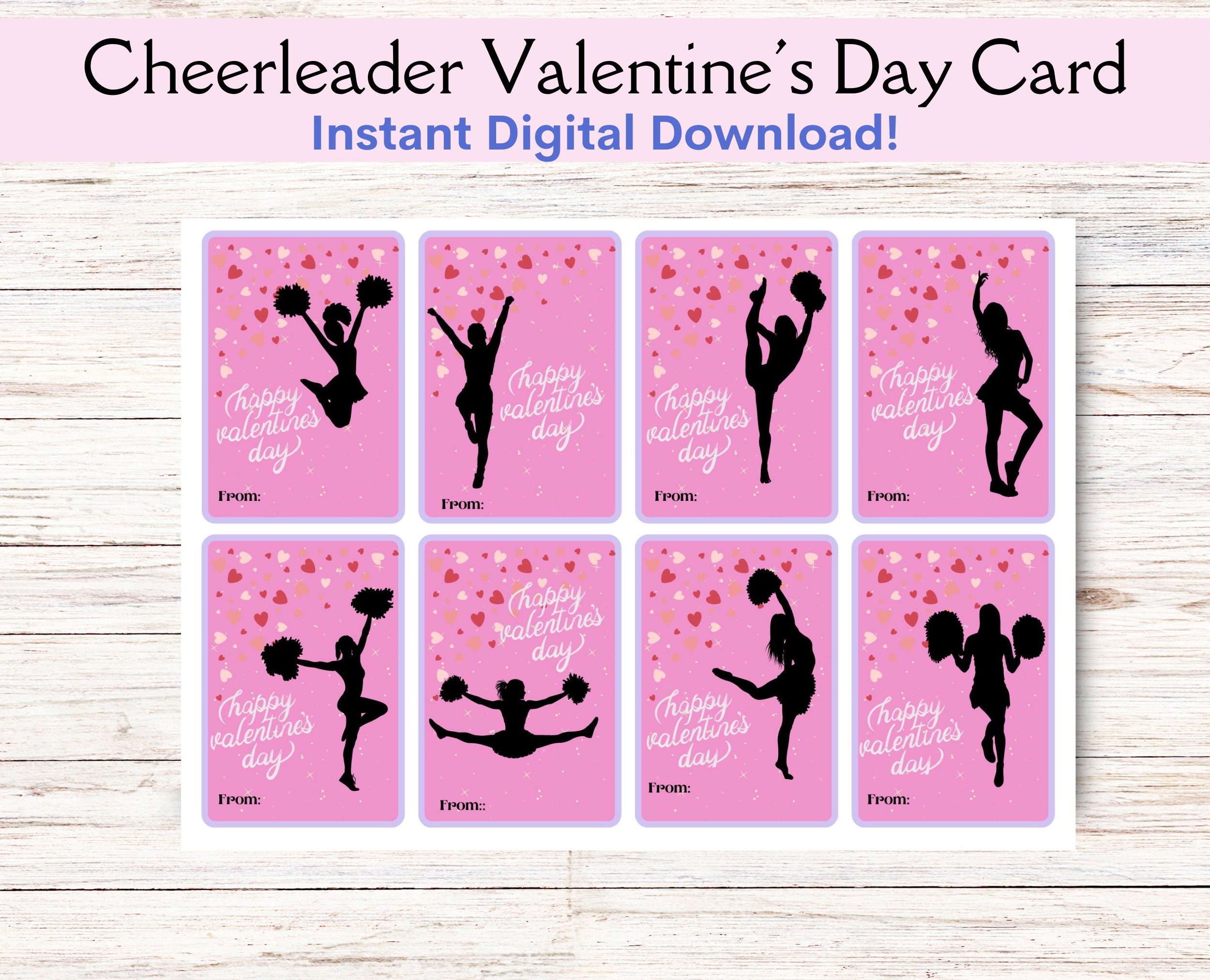 Printable Cheer Valentine's Day Card, Pink Background Cheerleader ...