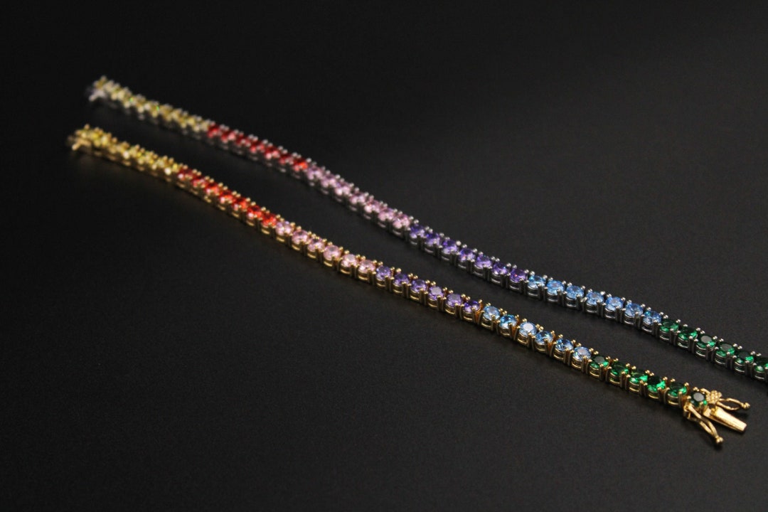 18K Gold Swarovski Rainbow Tennis Bracelet, 3.5MM CZ Zircon Cubic ...