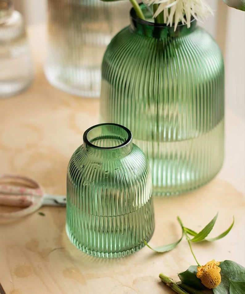 Ins Ribbed Vase For Flowers Glass Vase Vintage Green Vases Etsy