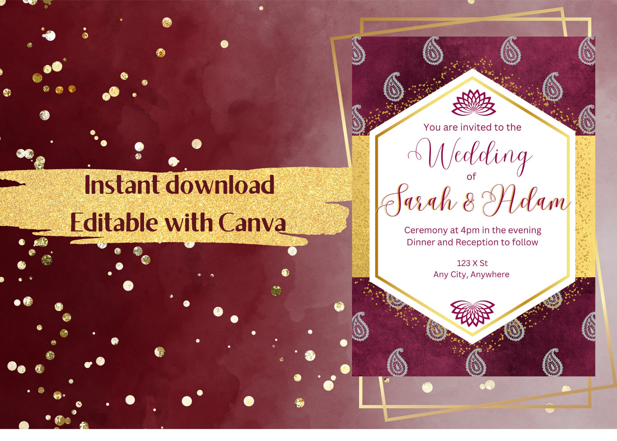Indian Wedding Invitation Template, Maroon/burgundy Gold, Digital ...