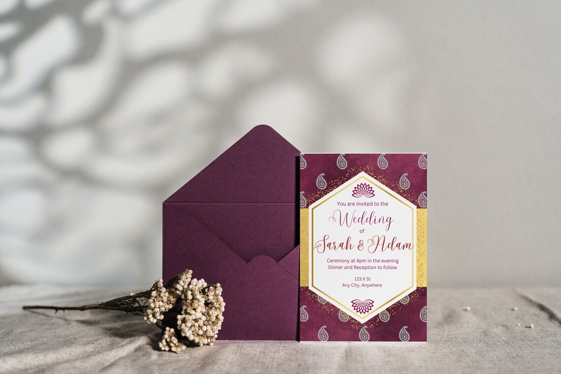 Indian Wedding Invitation Template, Maroon/burgundy Gold, Digital ...