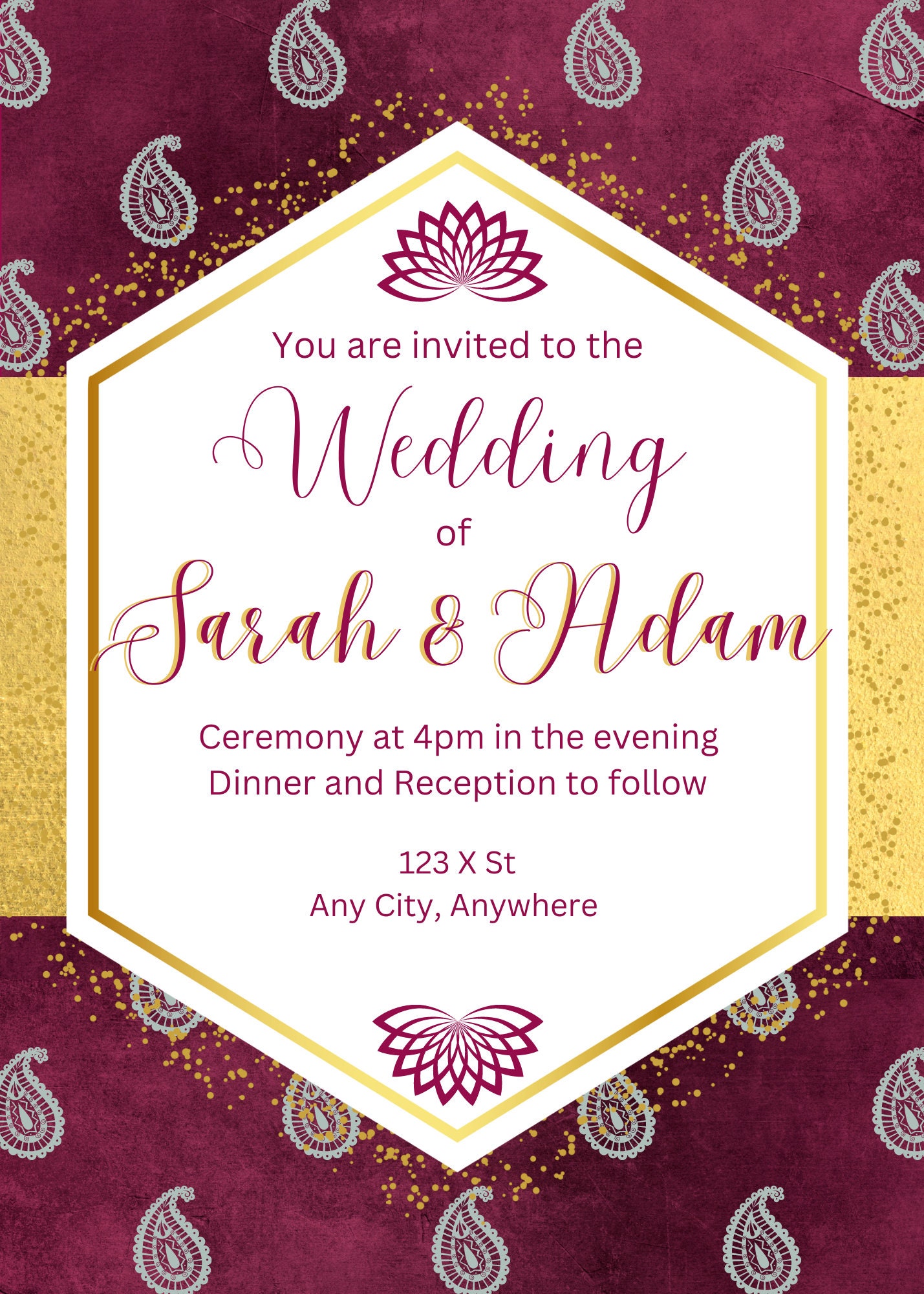Indian Wedding Invitation Template, Maroon/burgundy Gold, Digital ...