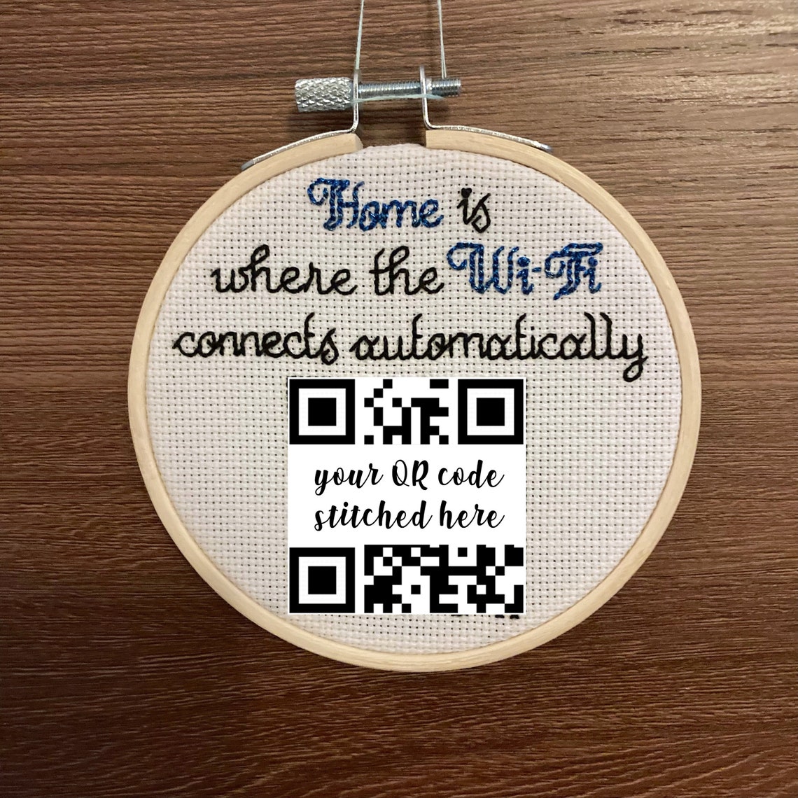 Wifi QR Code Sign Cross Stitch Wi-fi Code in Embroidery Hoop Home is ...