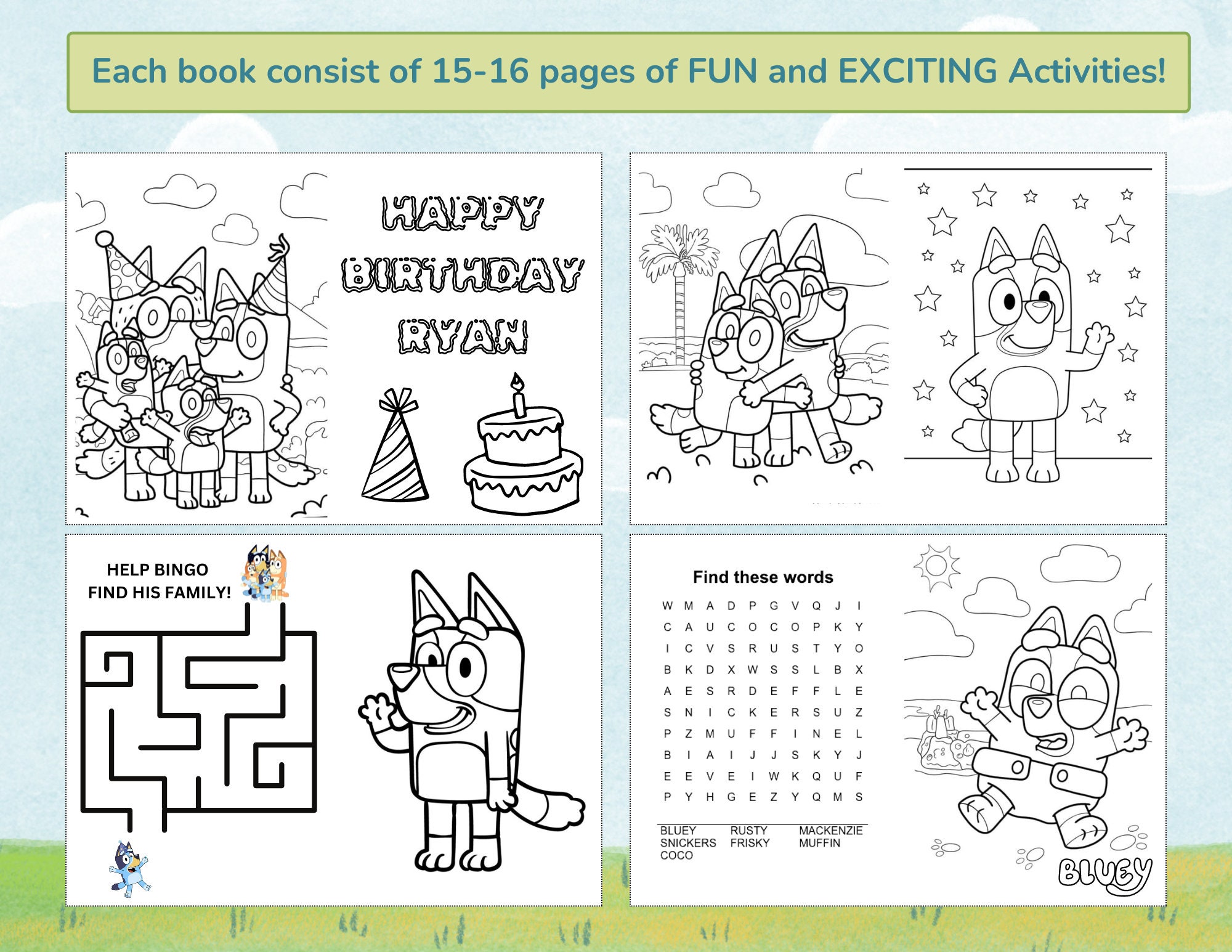 Bluey Mini Coloring Sheets/book, Personalized Coloring Sheets, Birthday ...