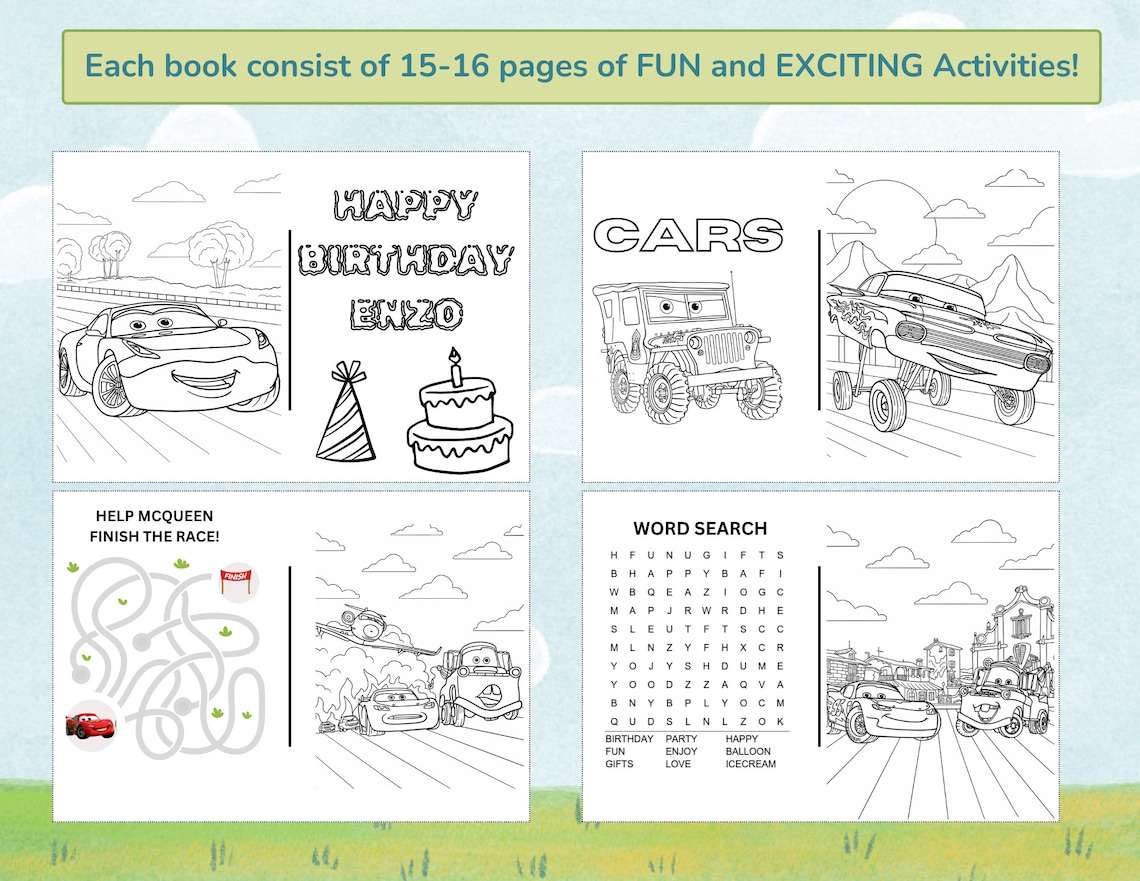 12 Disney Cars Coloring Sheets/book, Personalized Coloring Sheets ...