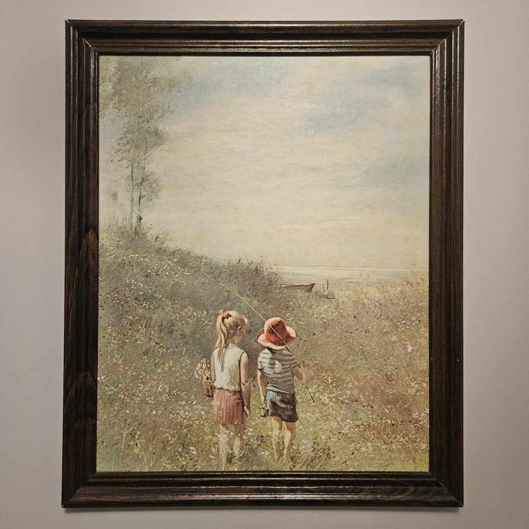 Adolph Sehring Going Fishing Girl & Boy Print Wood Framed Rare Find 18. ...