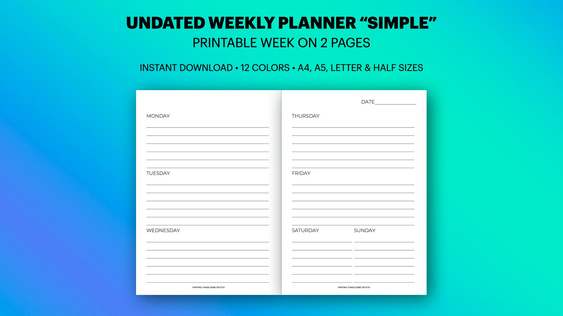 Undated Weekly Planner Printable, Simple Style, Week on 2 Pages, Week ...