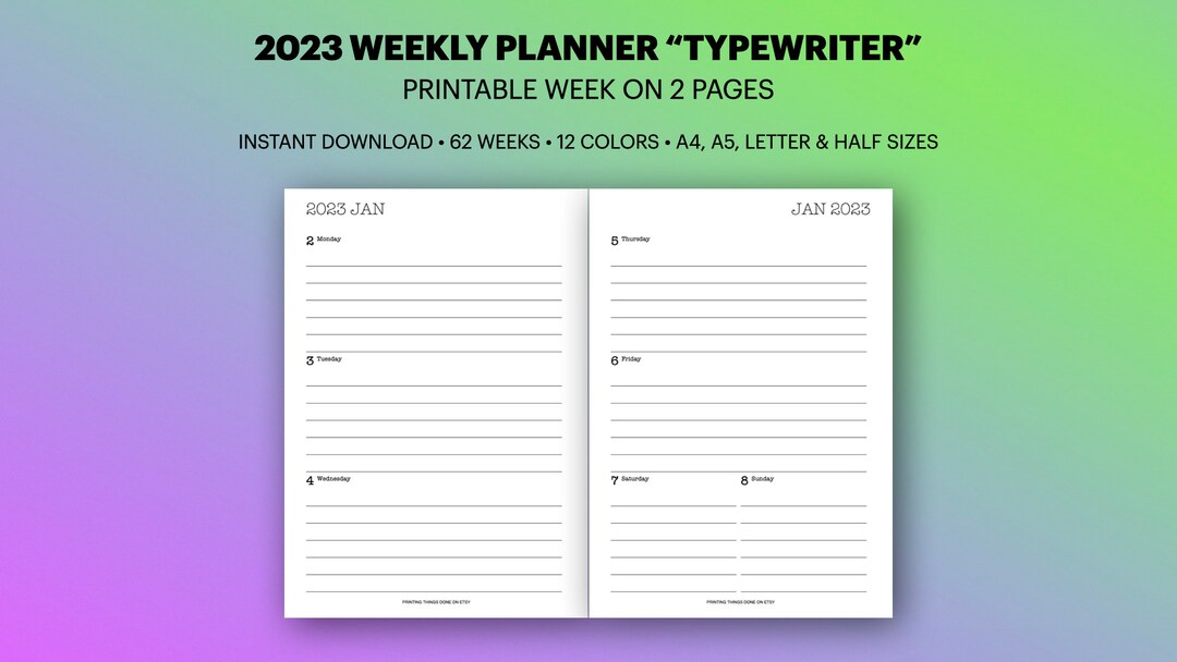2023 Weekly Planner Printable, Typewriter Style, Dated Week on 2 Pages ...