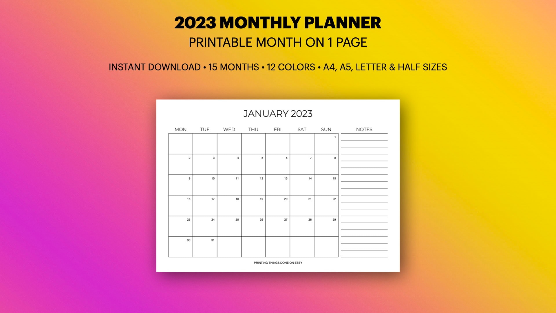 2023 Monthly Planner Printable Simple Style Dated Month on 1 - Etsy
