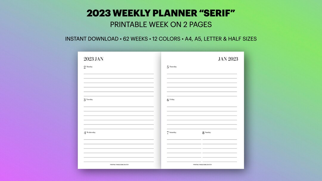2023 Weekly Planner Printable, Serif Style, Dated Week on 2 Pages, 2023 ...