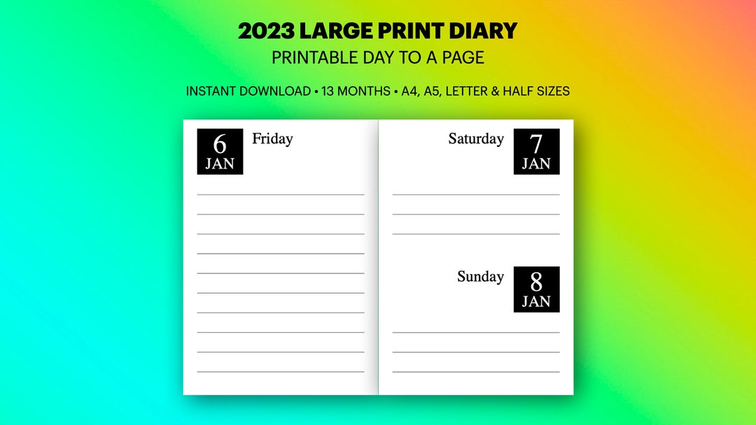 2023 Large Print Diary Printable, Dated Day on a Page, 2023 Calendar ...