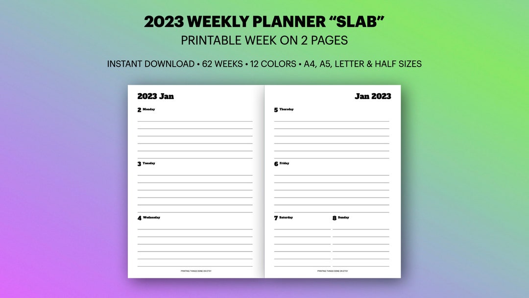 2023 Weekly Planner Printable, Slab Style, Dated Week on 2 Pages, 2023 ...