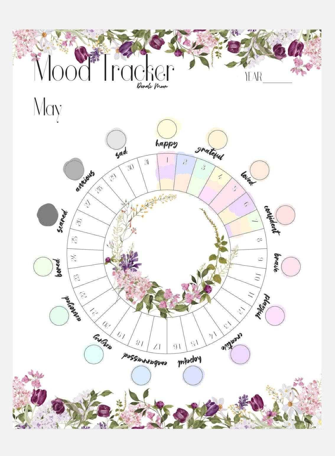 Monthly Mood Tracker Printable for Bullet Journal or Planner, Beautiful ...