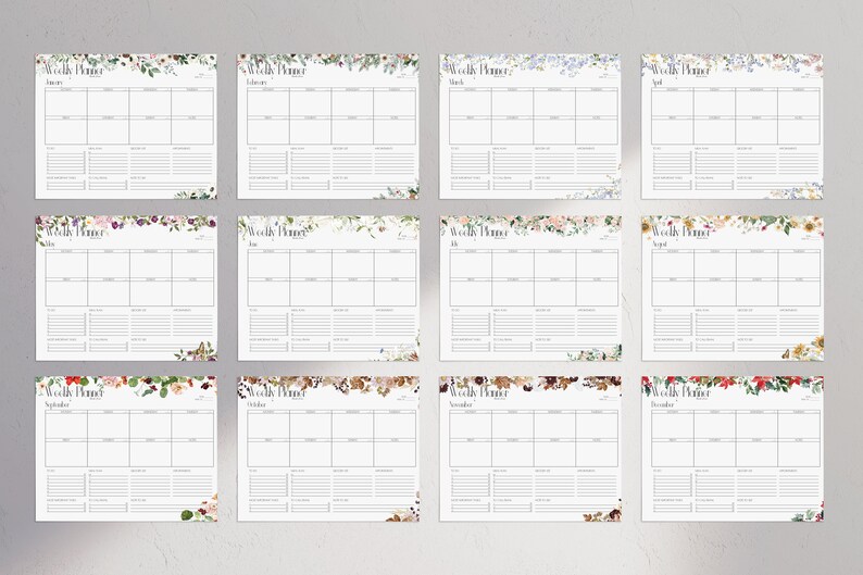 Weekly Planner Printable PDF - Undated 12 Months Weekly Planner Bundle ...